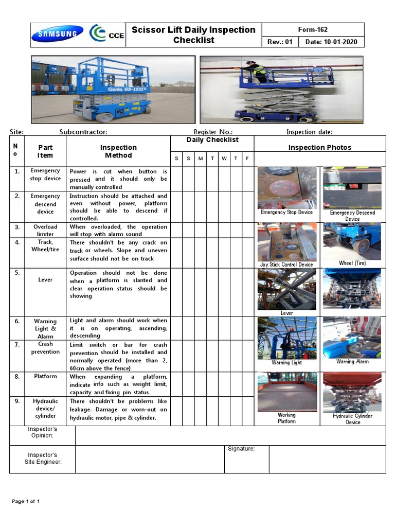 Form-162-Scissor Lift Daily Inspection Checklist | PDF | Vehicle ...
