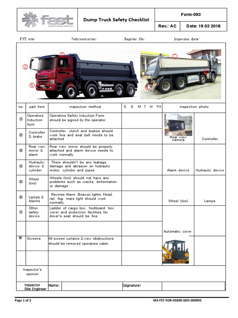 Form-093-Dump Truck Safety Checklist | PDF | Truck | Car