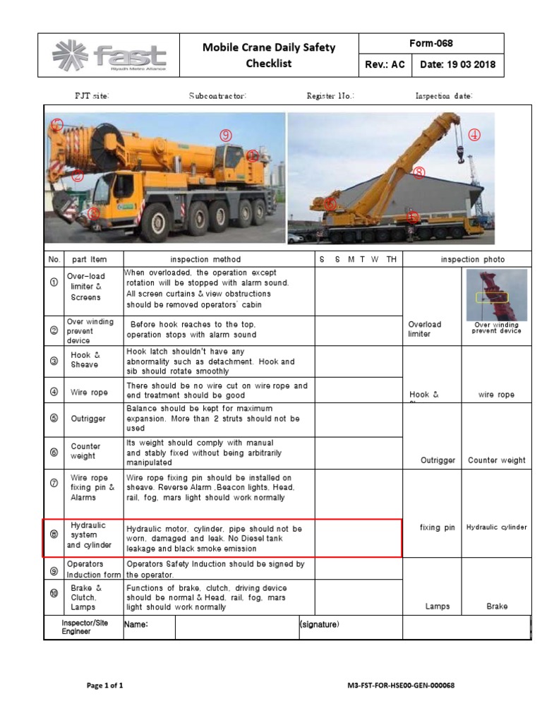 Form-068-Mobile Crane Daily Safety Checklist | PDF | Crane (Machine ...