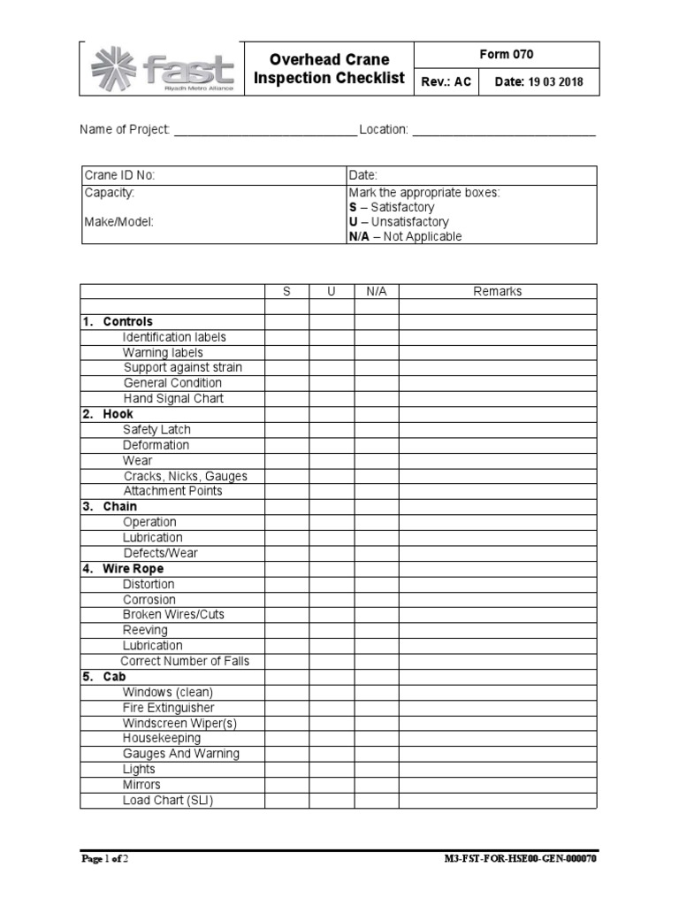 Form-070-Overhead Crane Inspection Checklist | PDF