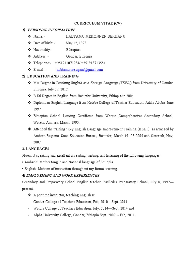 1) Personal Information: Curriculum Vitae (CV) | PDF | Ethiopia | Master's Degree