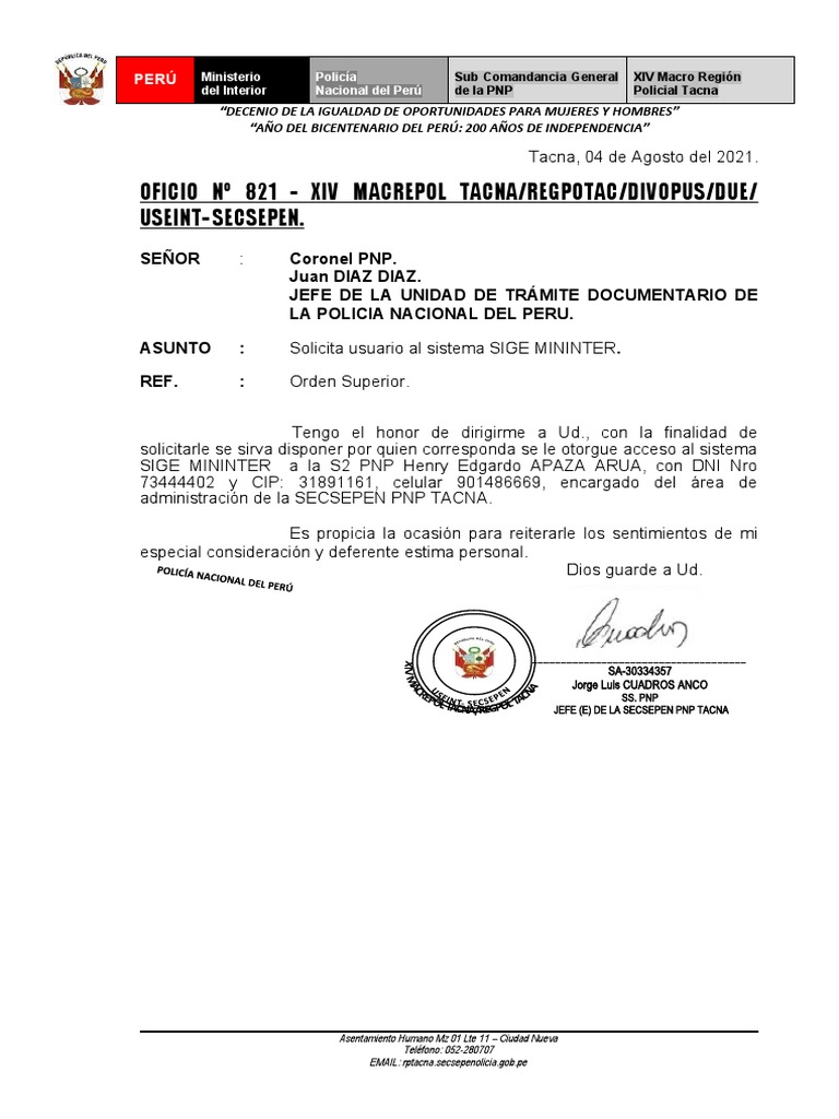 Oficio Solicita Sige Administrativo Secsepen | PDF