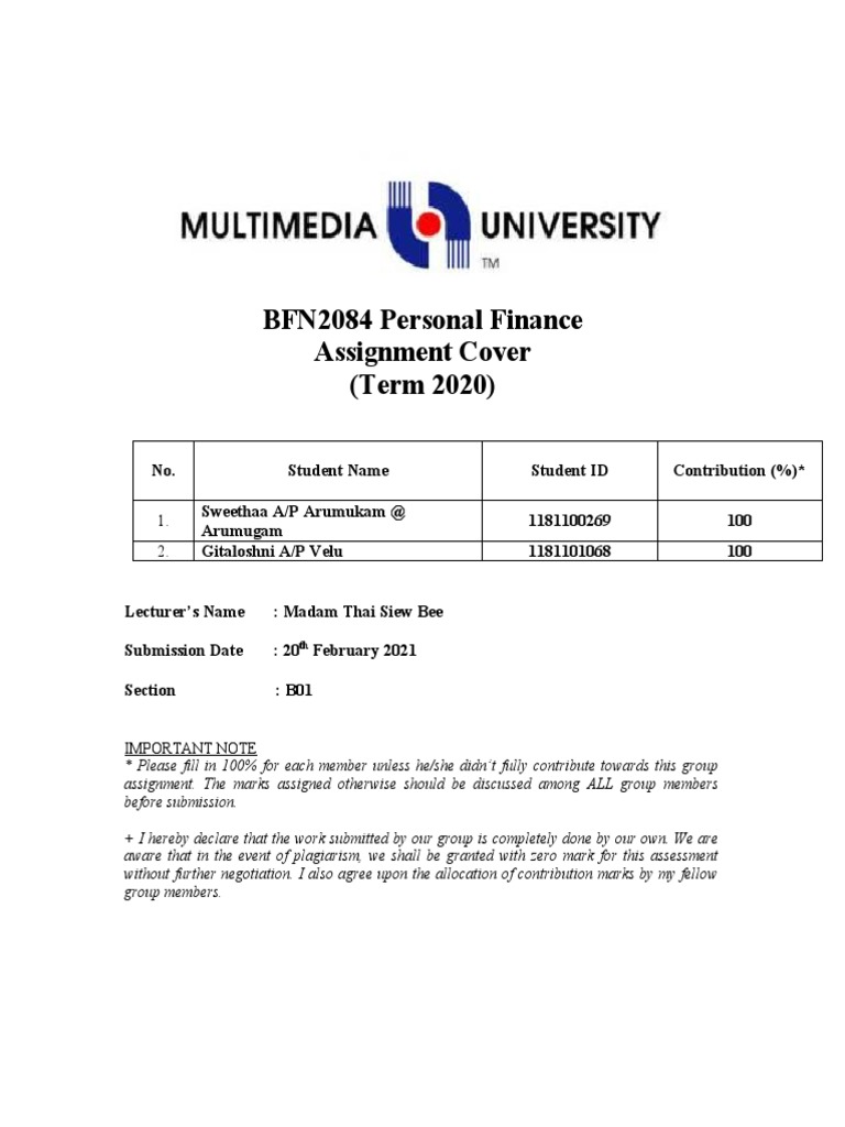 BFN2084 Personal Finance Assignment Cover (Term 2020) | PDF