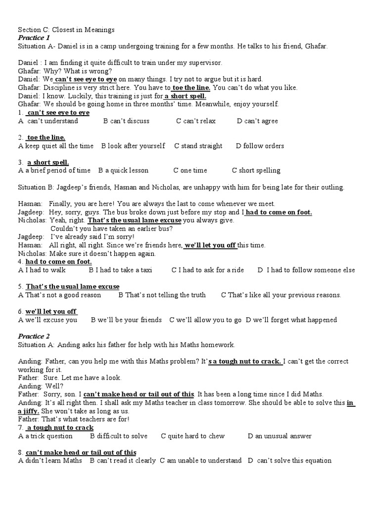 Closest in Meaning Practice 1 | PDF