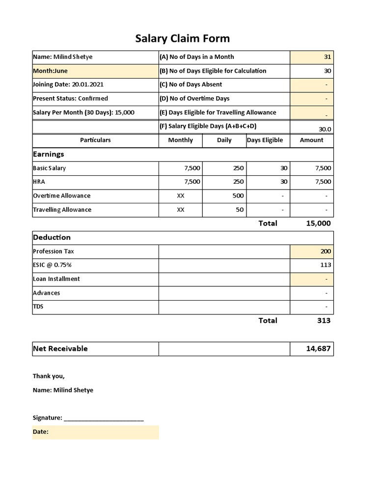 Milind Sheteye - Salary Claim Form | PDF | Taxes | Government Finances