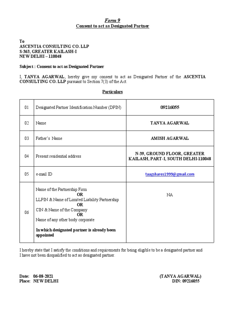 Consent To Act As Designated Partner: Form 9 | PDF