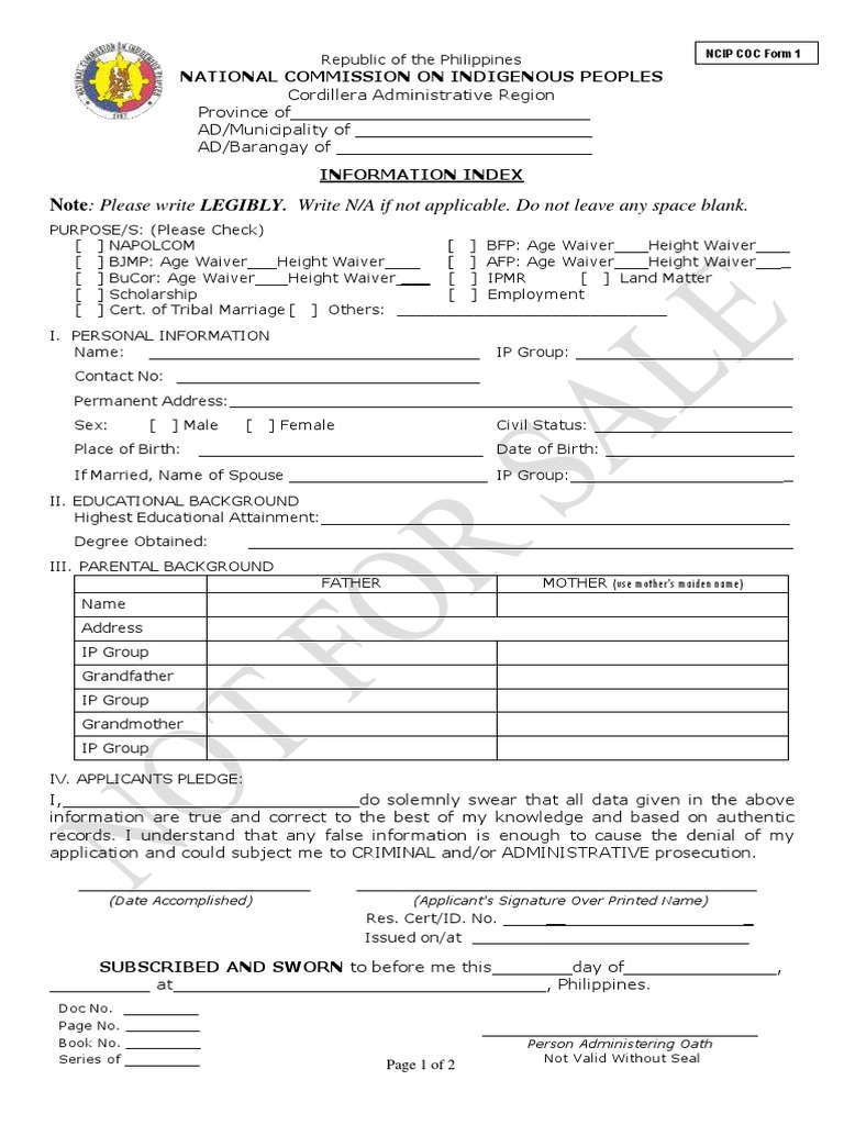National Commission On Indigenous Peoples: Ncip Coc Form 1 | PDF ...