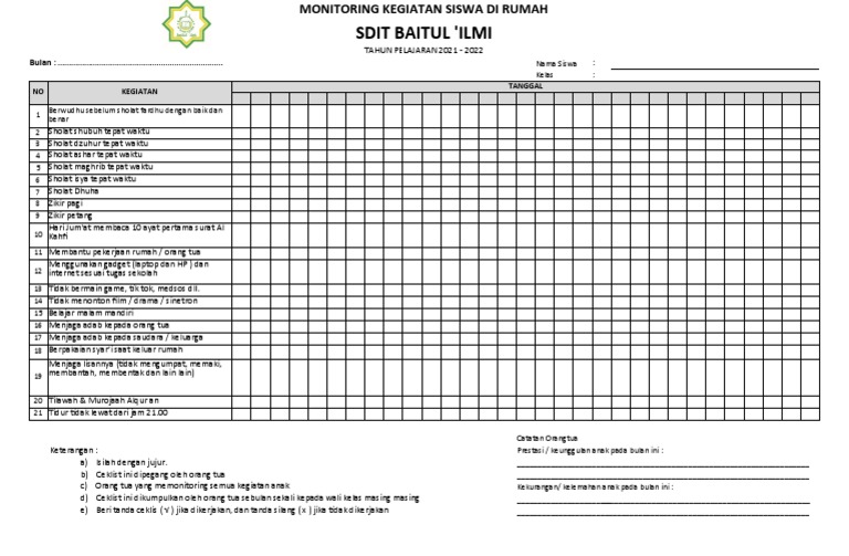 Ceklis Kegiatan Harian Siswa SDIT | PDF
