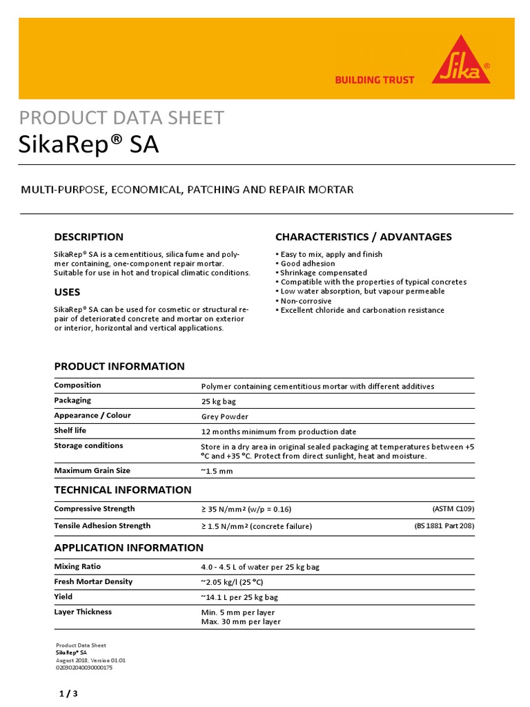 Sikarep® Sa: Product Data Sheet | PDF | Concrete | Mortar (Masonry)