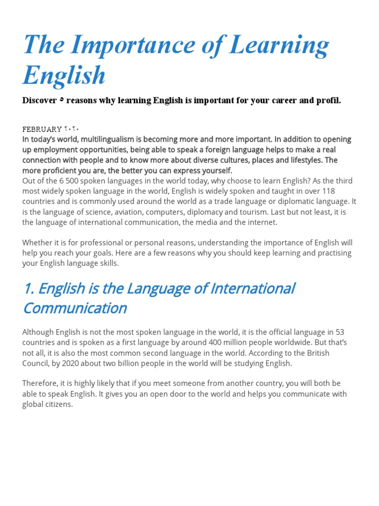 The Importance of Learning English | Download Free PDF | English ...