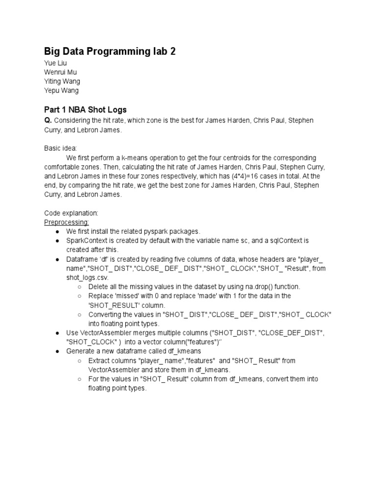 Big Data Programming Lab 2: Part 1 NBA Shot Logs | PDF | Cluster Analysis | Applied Mathematics
