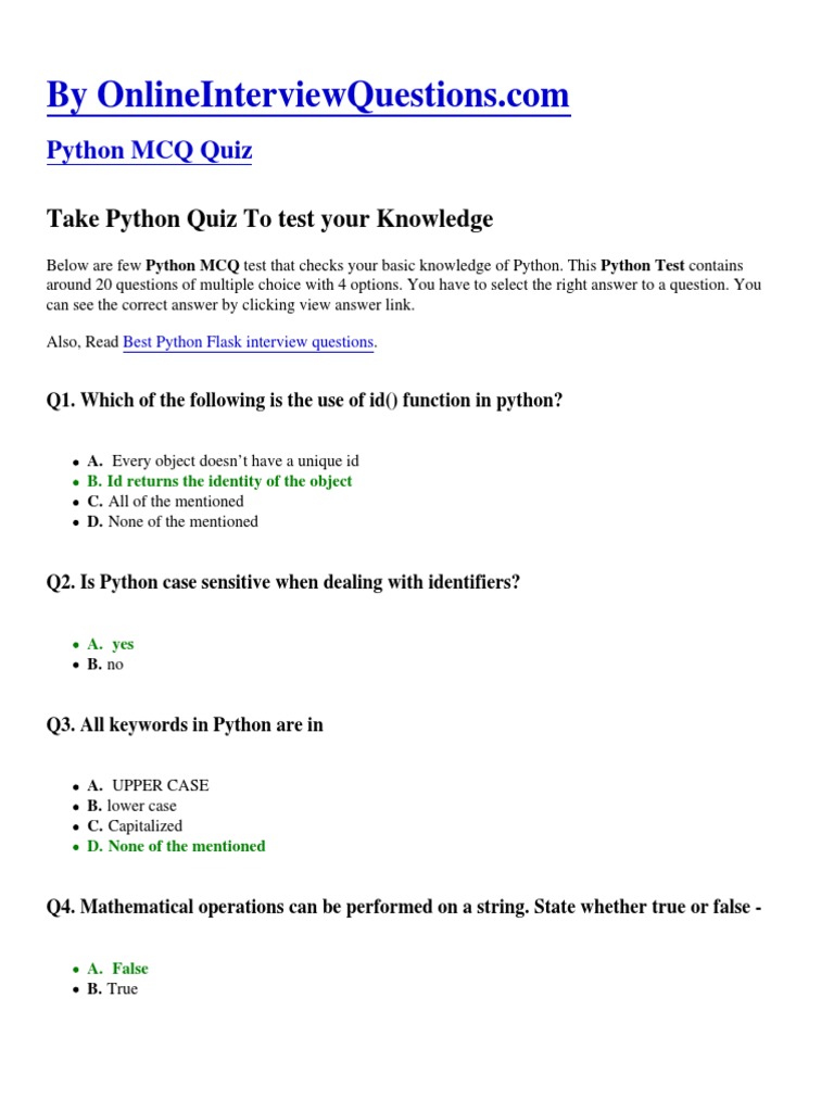 Python MCQ Quiz | PDF | Computer Data | Object Oriented Programming