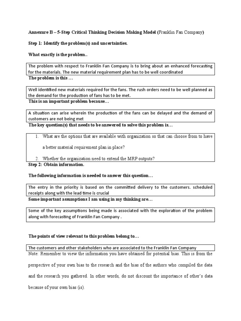 Five Step Critical Thinking Decision Making Model (Franklin Fan) | PDF ...