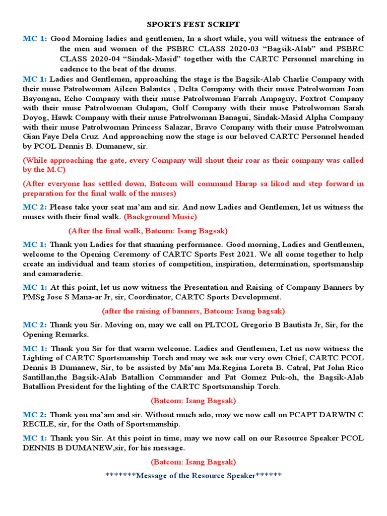 Sports Fest Script: Message of The Resource Speaker | PDF | Art