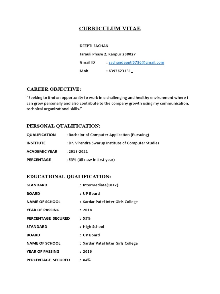Curriculum Vitae: Career Objective | PDF
