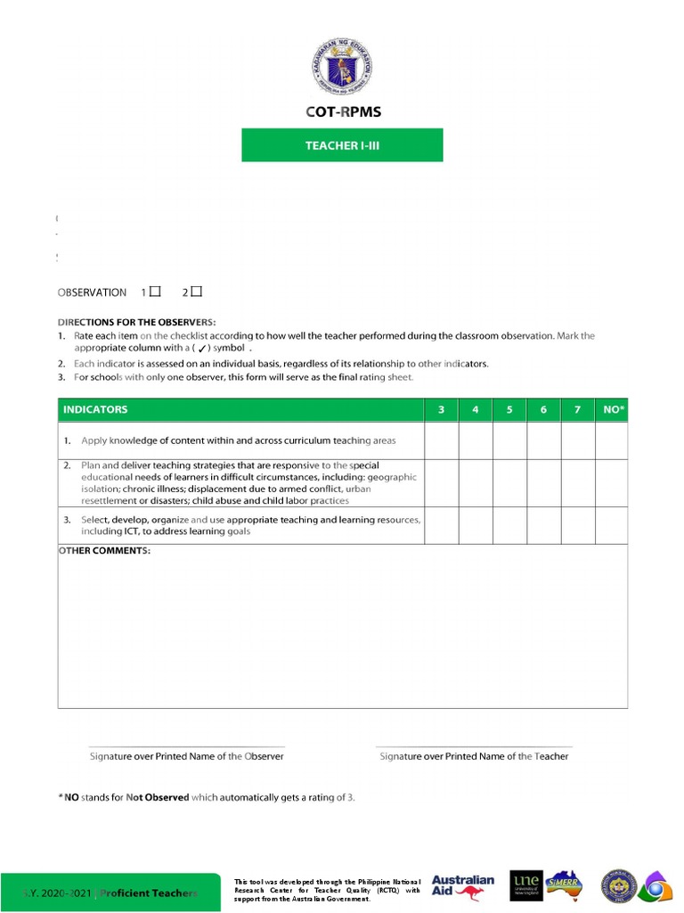 COT-RPMS Rating Sheet For T I-III For SY 2020-2021 in The Time of COVID ...