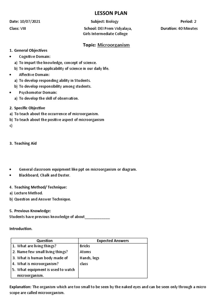LESSON PLAN Biology B.Ed | PDF | Lesson Plan | Teachers