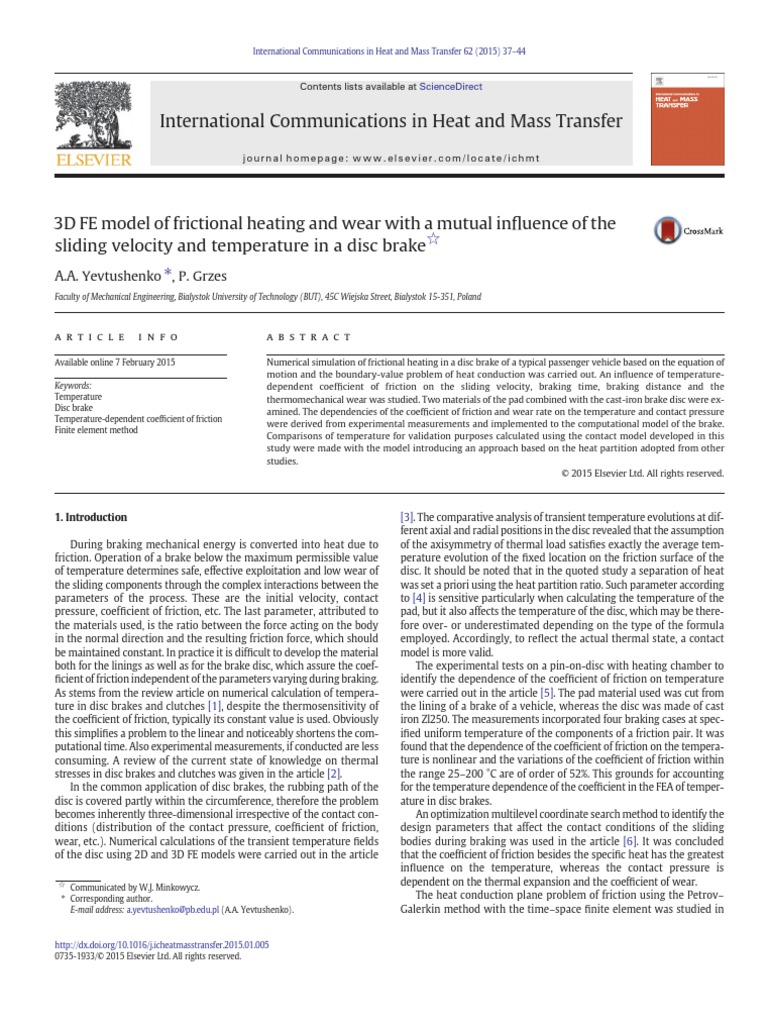 3D FE Model of Frictional Heating and Wear With A 2015 International ...