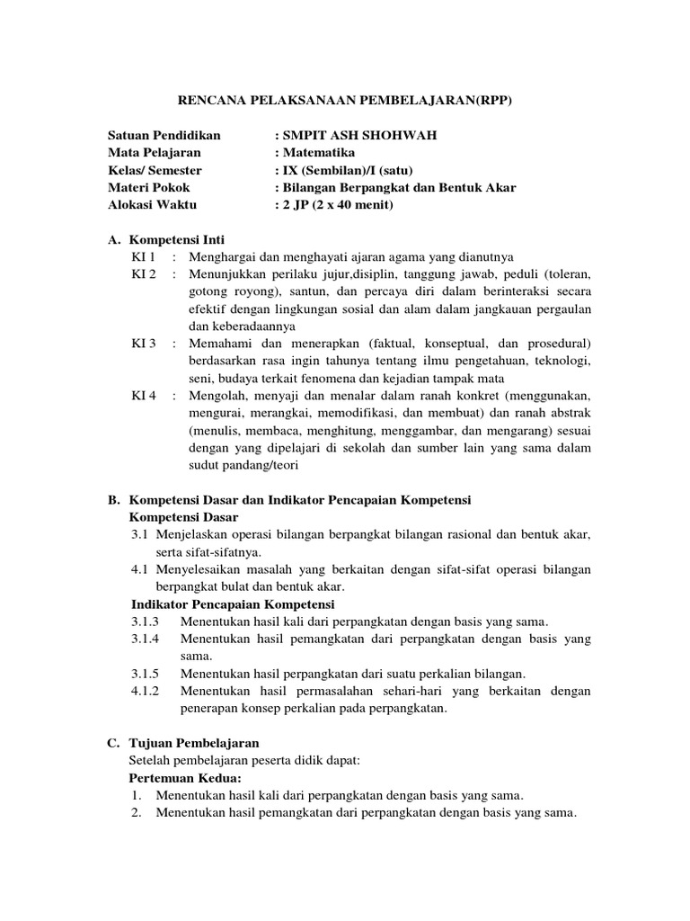 SET 1 RPP PT Asih (Bilangan Berpangkat) | PDF | Karier & Perkembangan | Seni