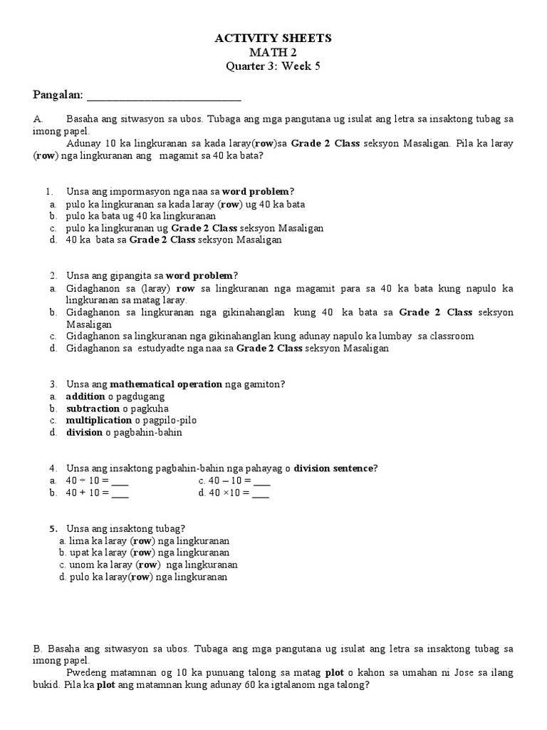 Activity Sheet Math2 Q3W5 | PDF