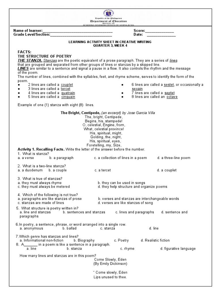 Learning Activity Sheet in Creative Writing Quarter 3, Week 4 | PDF ...