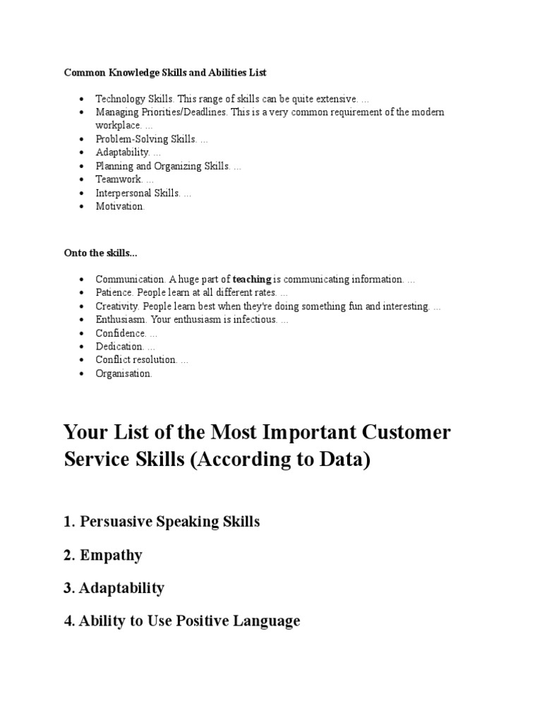 Common Skills and Abilities List | PDF