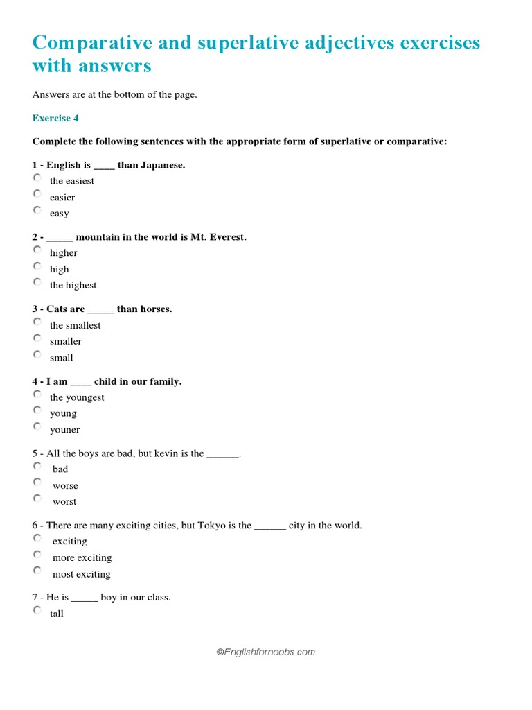 Comparative and Superlative Adjectives Exercises With Answers | PDF ...