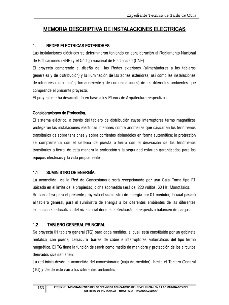 Memoria Descriptiva Electricas | PDF | Cableado eléctrico | Electricidad