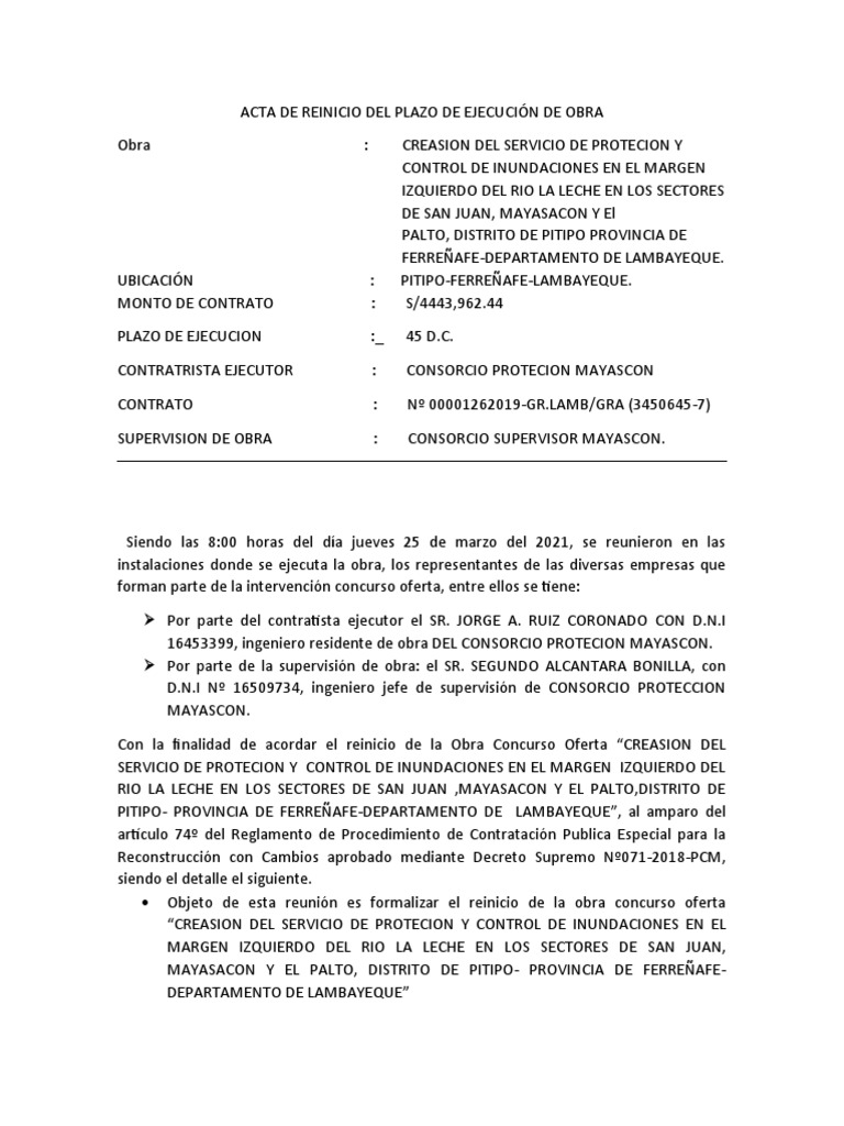 Acta de Reinicio Del Plazo de Ejecución de Obra | PDF | Gobierno