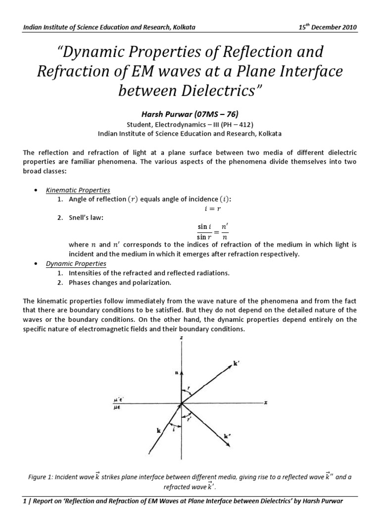 Dynamic Properties Of Reflection And Refraction Of Em Waves At A Plane