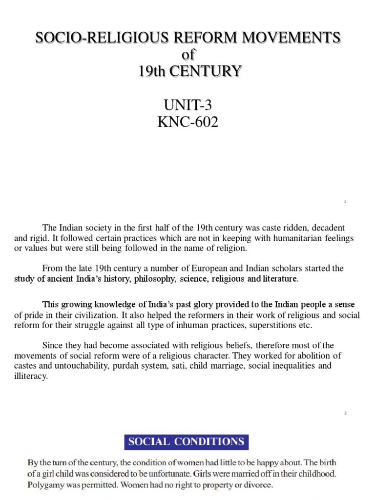 SOCIO-RELIGIOUS REFORM MOVEMENTS of 19th CENTURY | Download Free PDF ...