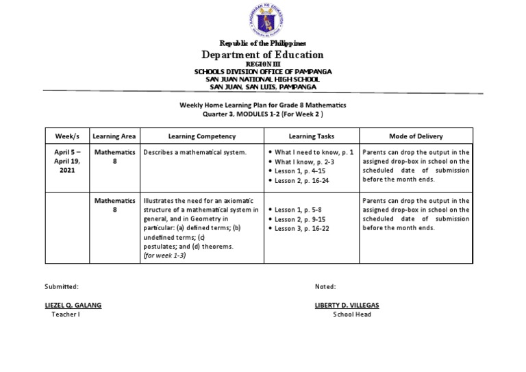 Grade 8 Math Weekly Learning Plan | PDF