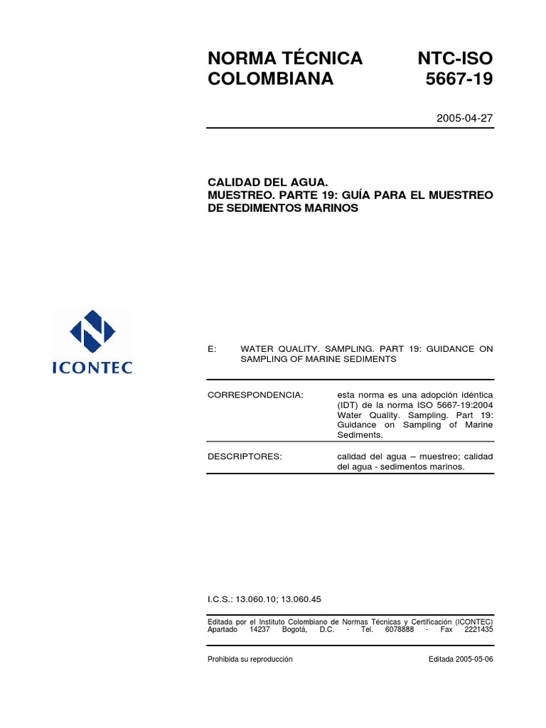 NTC ISO 5667-19 (2005) Calidad Del Agua. Muestreo. Muestreo de ...