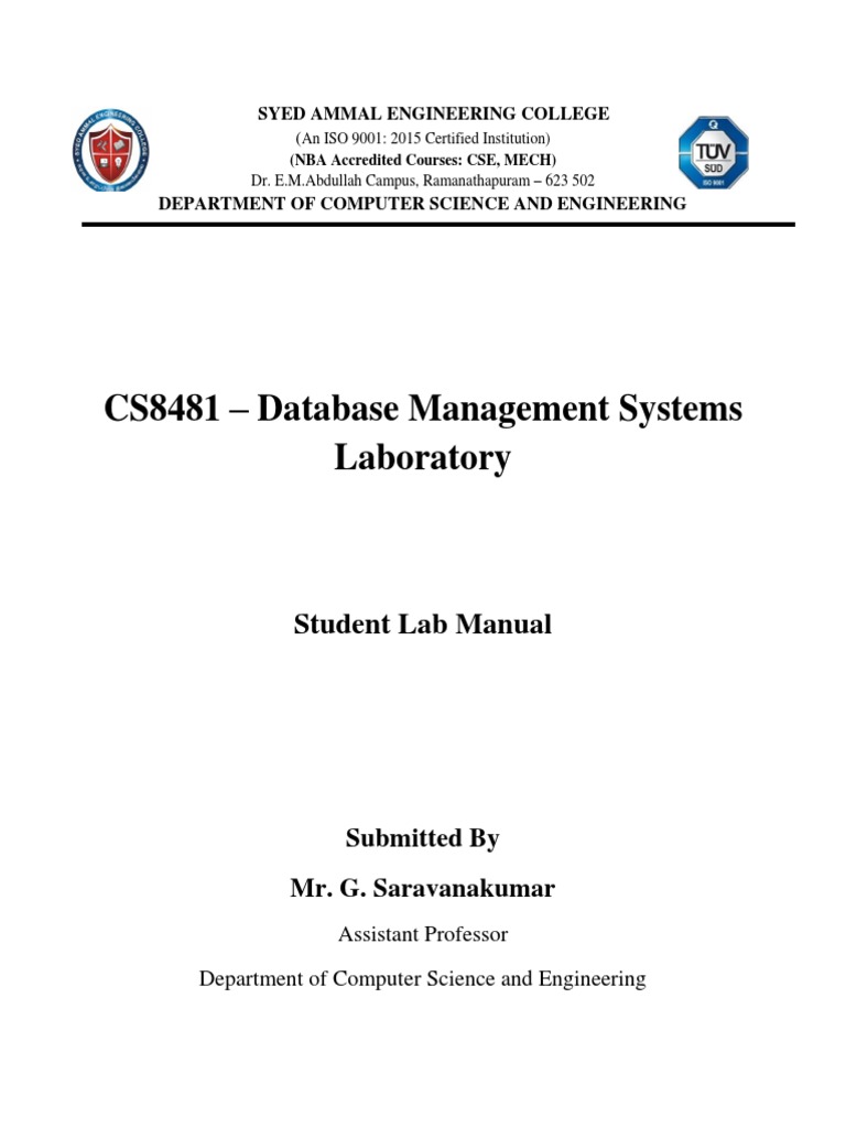 CS8481 - Database Management Systems Laboratory: Student Lab Manual ... CS8481 - Database Management Systems Laboratory: Student Lab Manual ...