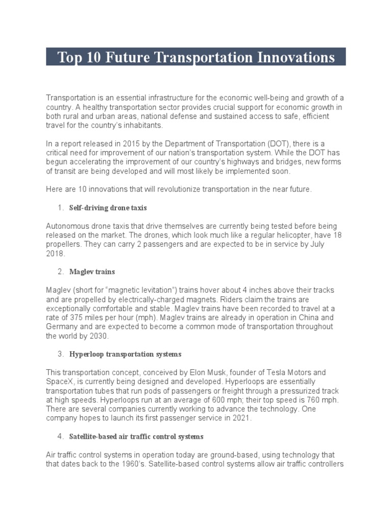 Top 10 Future Transportation Innovations | PDF | Hyperloop | Transport