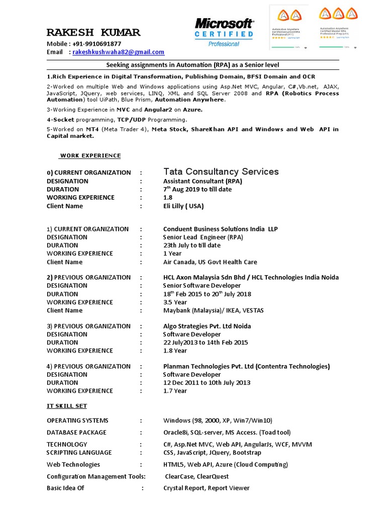 CV-RPA Solution Architect-AA | PDF | Databases | Microsoft Sql Server