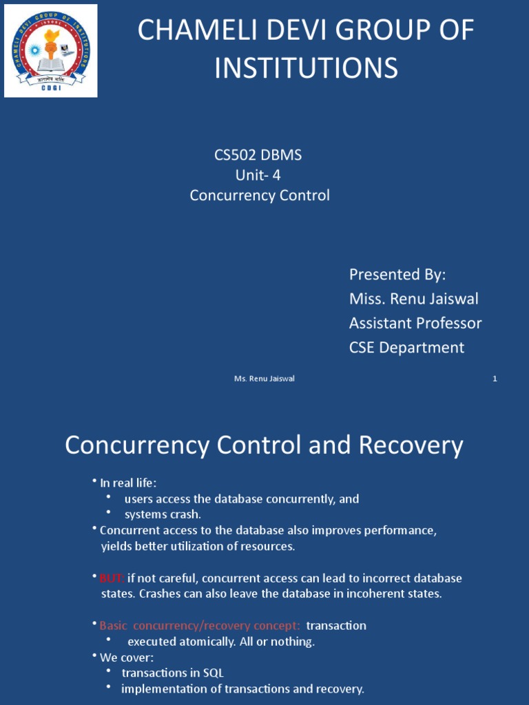 Chameli Devi Group Of Institutions Cs502 Dbms Unit 4 Concurrency Control Pdf Database
