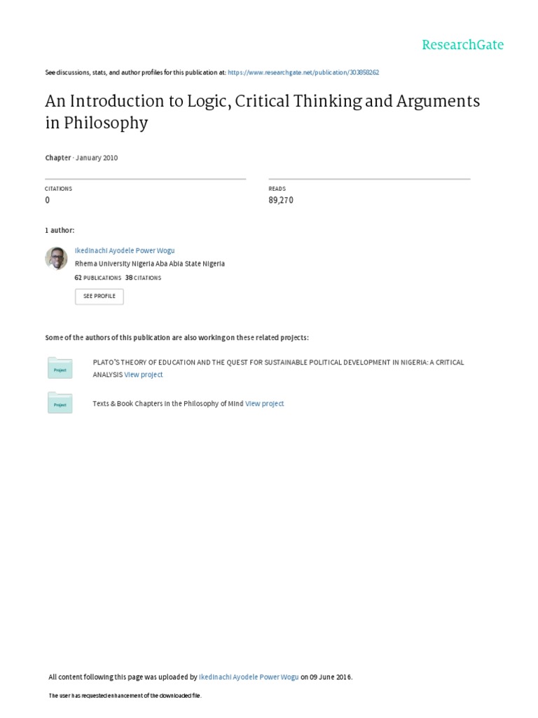 An Introduction To Logic Critical Thinking Arguments in Philosophy | PDF