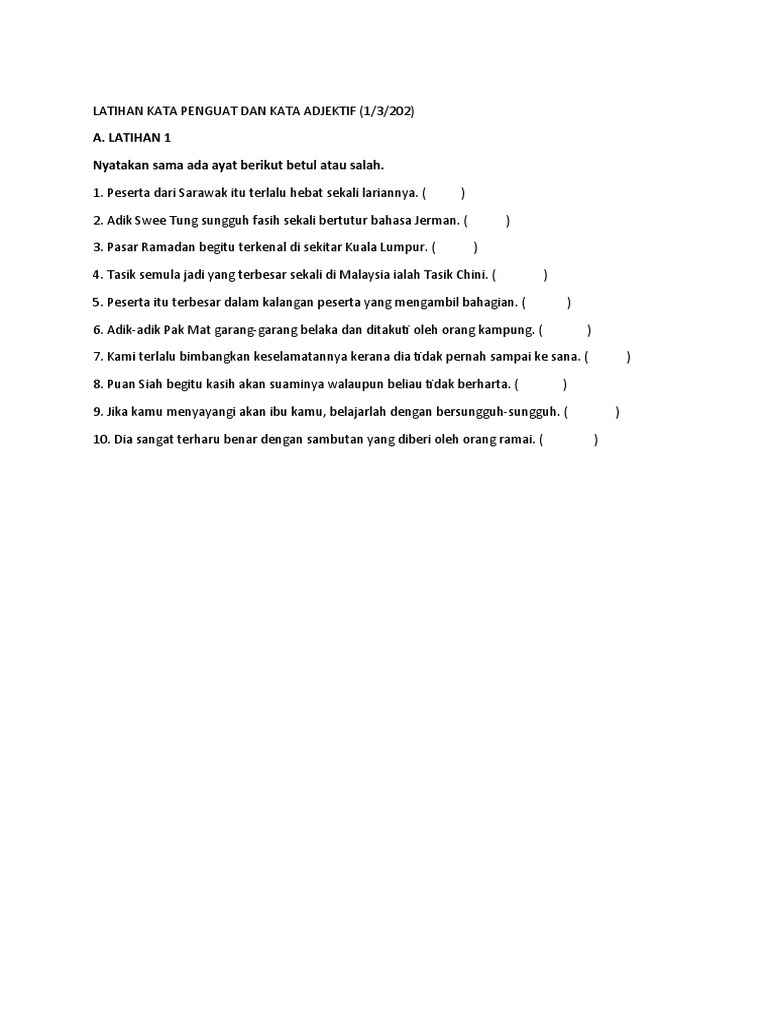 Latihan Kata Penguat Dan Kata Adjektif | PDF