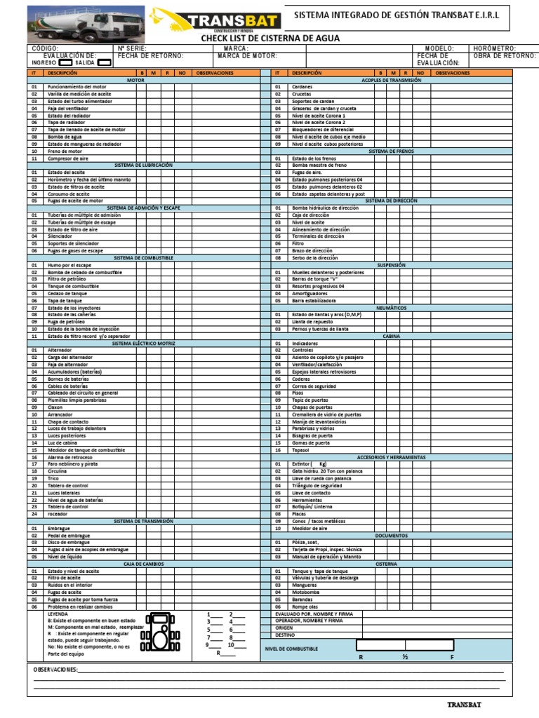 CHECKLIST DE CISTERNA DE AGUA - para Reproducción | PDF | Embrague | Transmisión (Mecánica)
