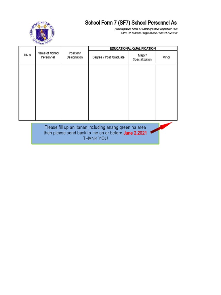 School Form 7 (SF7) School Personnel Assignment List and Basic Profile ...