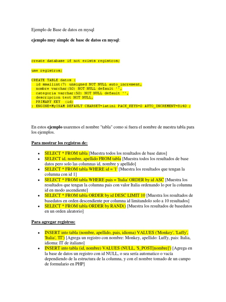 Ejemplo de Base de Datos en Mysql | PDF | SQL | Diseño de software