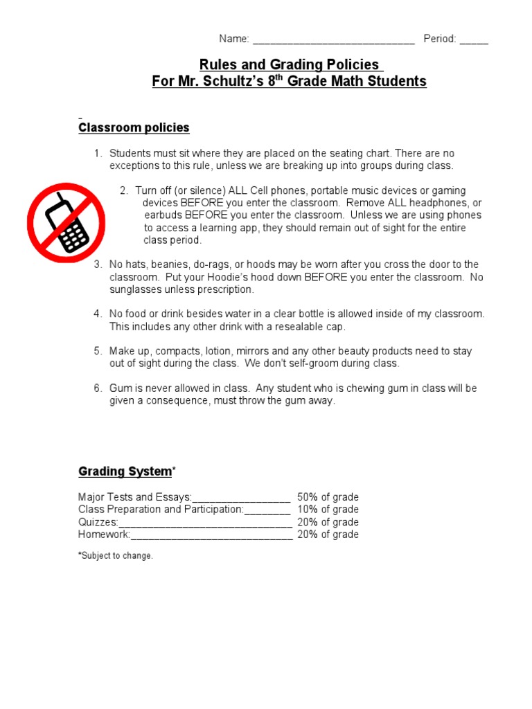 Rules and Grading Policies For Mr. Schultz's 8 Grade Math Students ...
