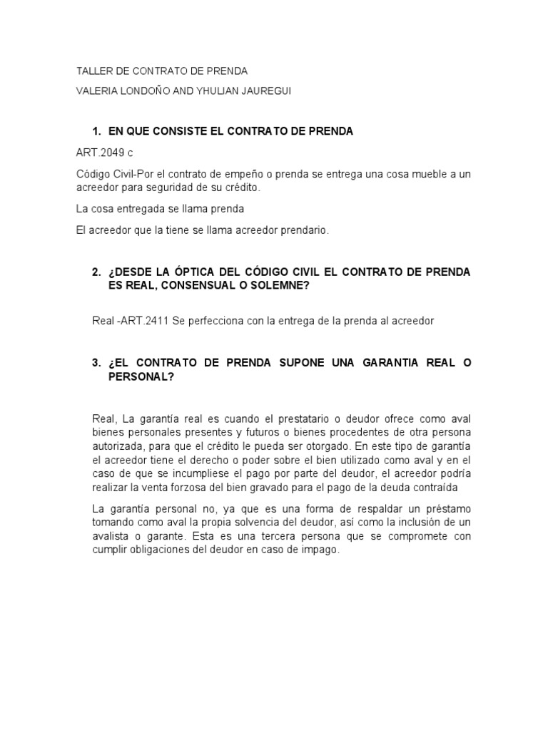 Taller de Contrato de Prenda | PDF | Pagos | Derecho Civil (Common Law)