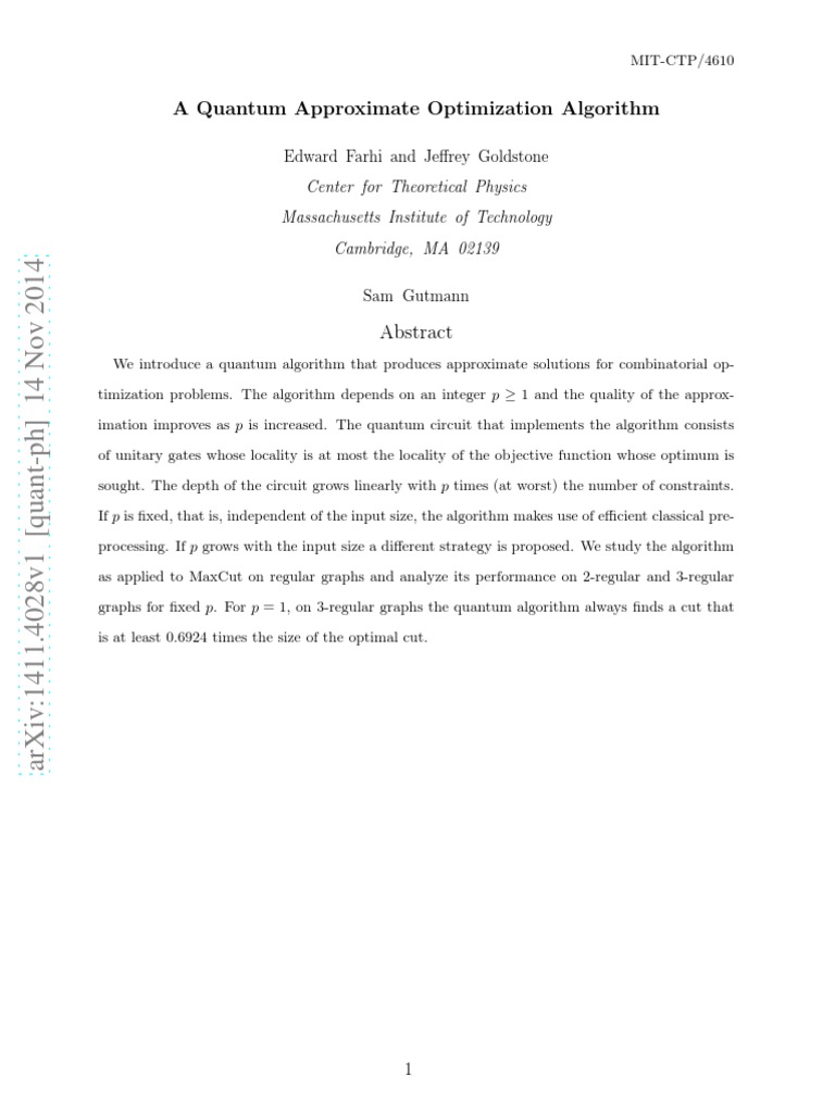 A Quantum Approximate Optimization Algorithm Pdf Mathematical Analysis Mathematical Concepts