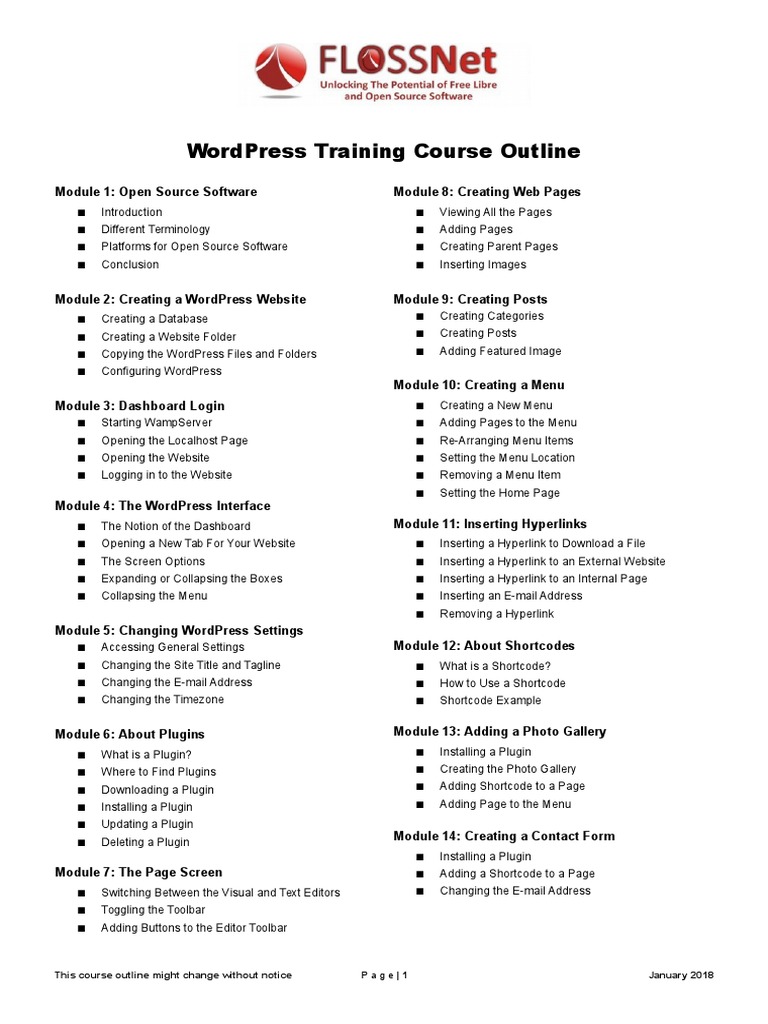 Wordpress Course Outline Jan 2018 | PDF | Word Press | Websites