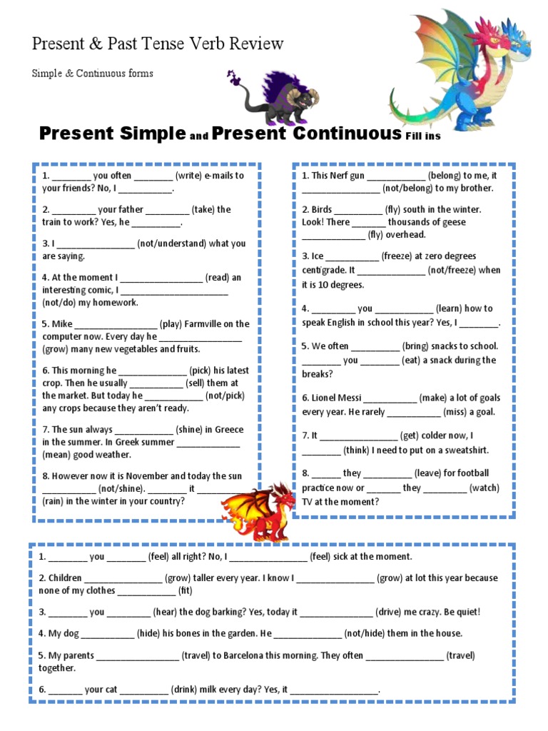 Present & Past Tense Verb Review: Simple & Continuous Forms | PDF