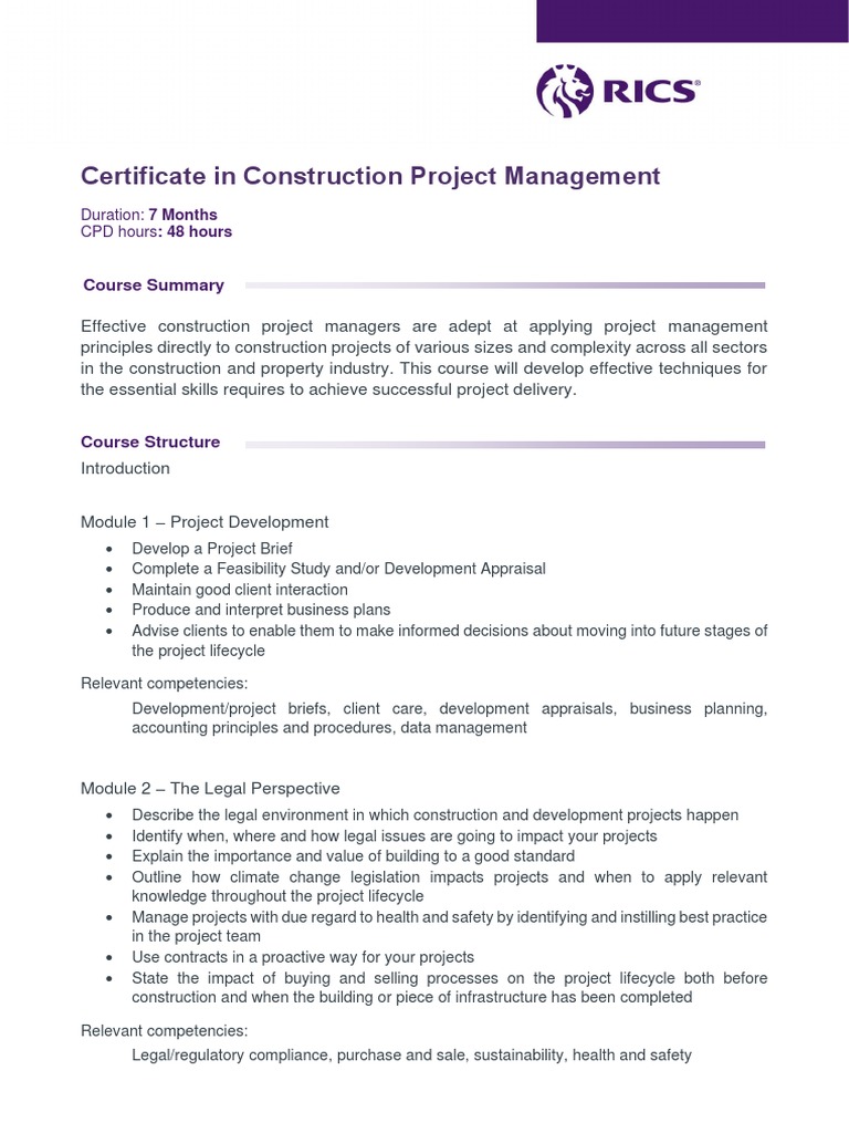 RICS Construction Project Management Cert | PDF | Educational ...