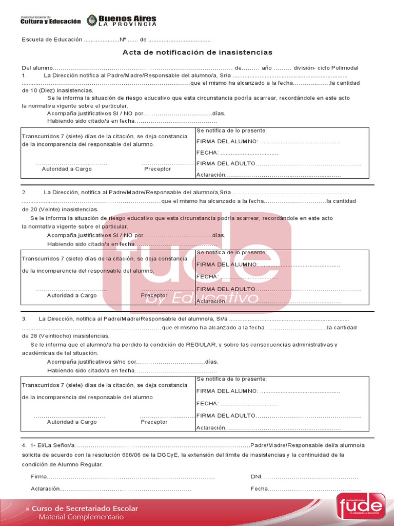 Acta de Notificación de Inasistencias | PDF