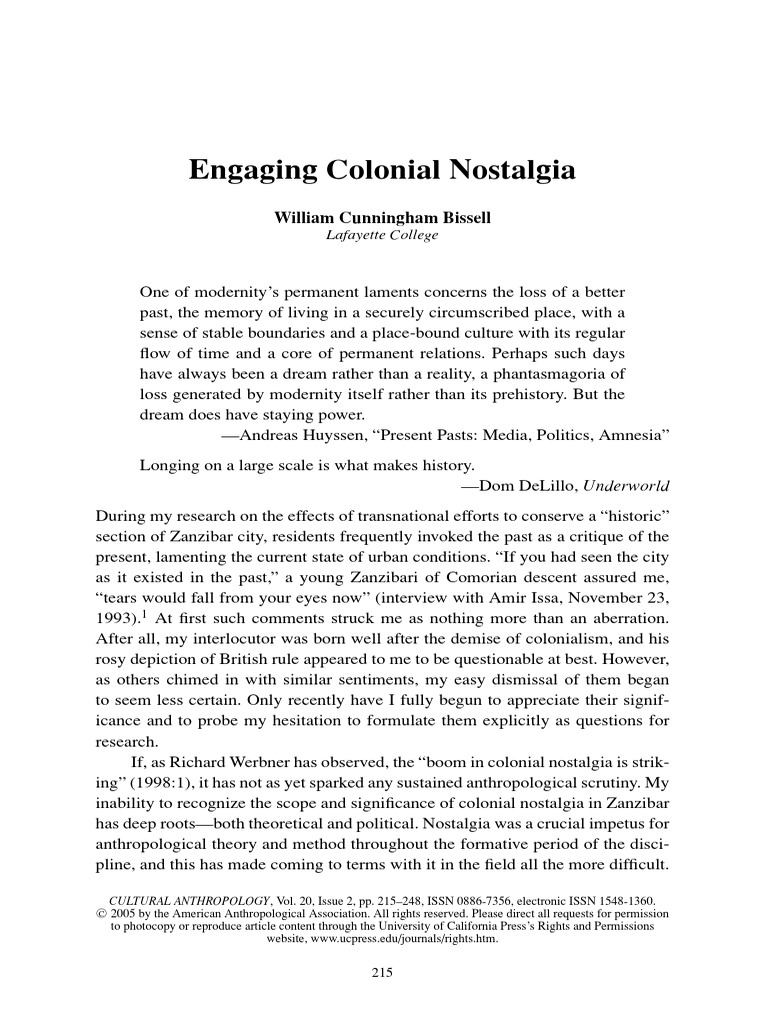 Bissell, William Cunningham - Engaging Colonial Nostalgia (2005) | PDF ...